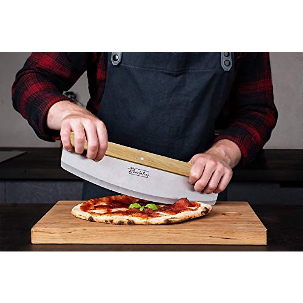 Premium Pizza Cutter Rocker With Wooden Handle & Safe Guard by Revolution Product Sharp Stainless Steel Blade Pizza Slicer Wheel Big Pizza Knife Cutters I Chop and Slices Dough Cake Oven Accessories I