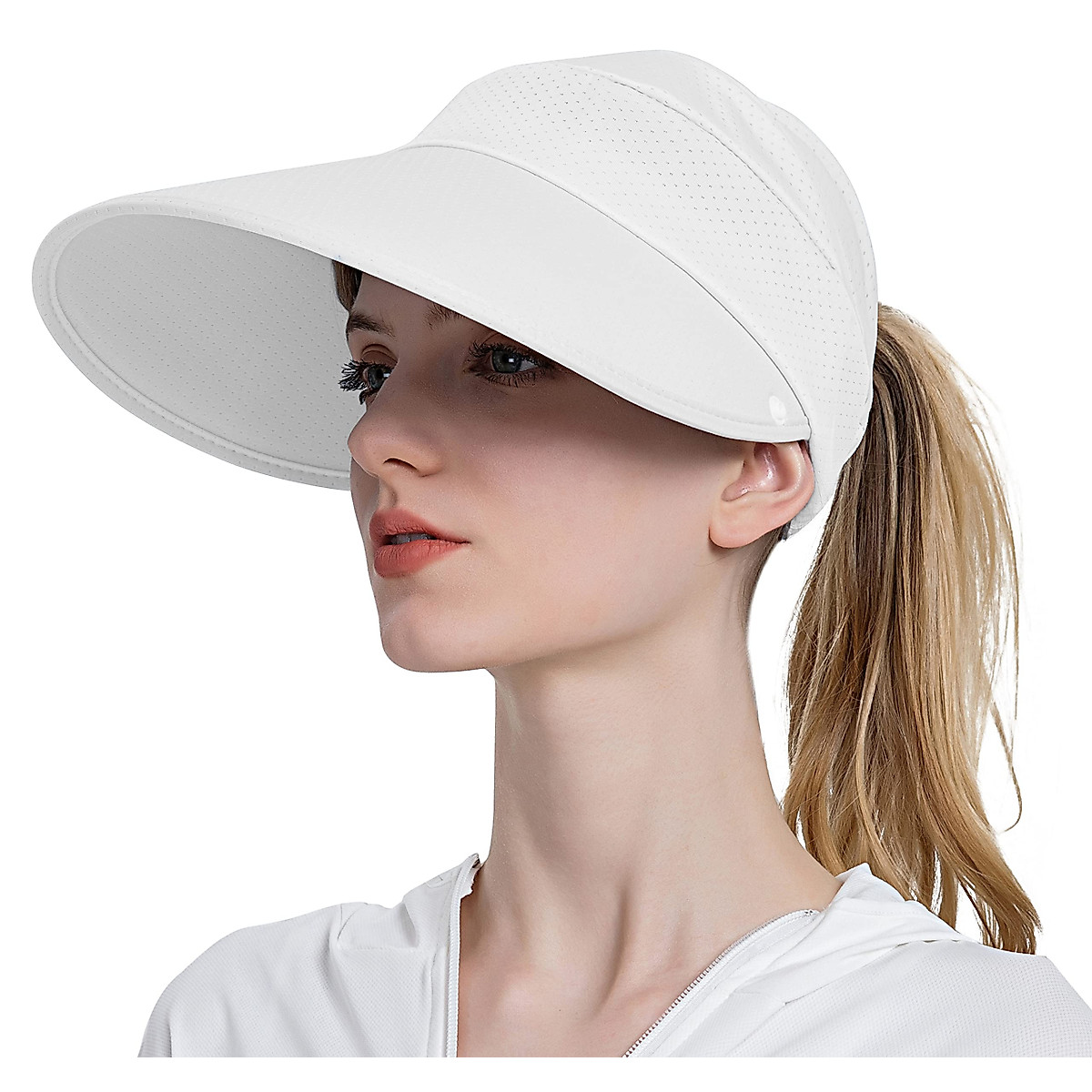 Muryobao Womens Baseball Sun Hat Outdoor Wide Brim UV Protection Foldable Ponytail Mesh Summer Visor Cap with Removable Neck Face Flap for Garden Beach Travel White