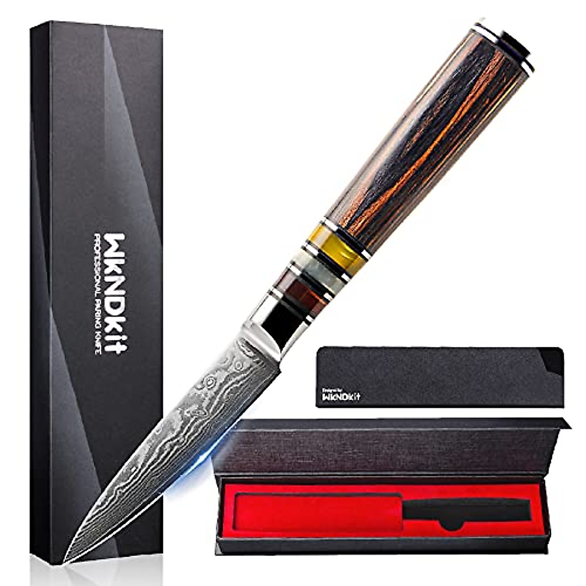WKNDKIT Damascus VG-10 Stainless Steel Small 3.5 inch Paring knife japanese Kitchen knife with wood Handle, Super Sharp, Fancy Fruit and vegetable Knife