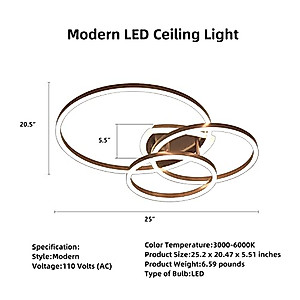 Kaiyuan Modern LED Ceiling Light with Remote,Dimmable Flush Mount LED Ceiling Light,3 Circle Close to Ceiling Light,Bedroom Dining Room Kitchen Living Room Light Fixture Wall Lamps Sconces,Brown