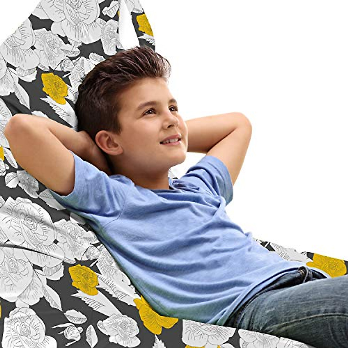 Ambesonne Rose Lounger Chair Bag, Hand Drawn Style Retro Romantic Blossoms in Yellow and White Tones, High Capacity Storage with Handle Container, Lounger Size, Charcoal Grey Yellow
