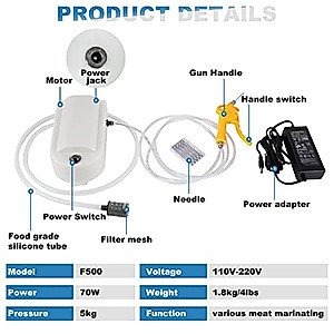 Electric Meat Injector Gun Pump with Hose, 70W Automatic Marinade Injector Meat Syringe Single Gun with 10 Stainless Steel Needle for Roast Turkey, Pork, Beef