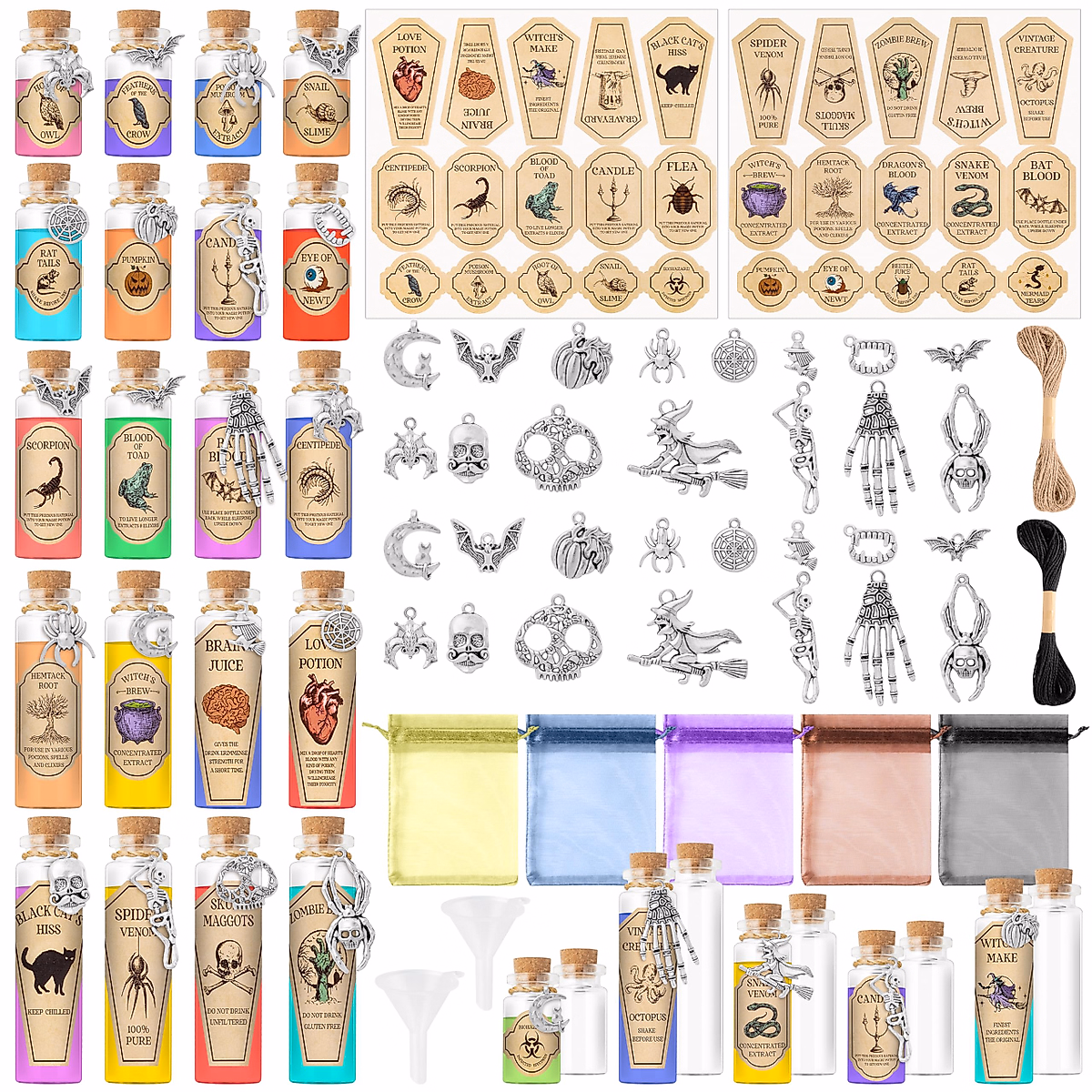 AwserTantue 71Pcs Christmas Mini Potion Bottles Decorations Set, Apothecary Bottles with Horror Stickers Pendants and Organza Bags for Winter Party Home Classroom Decor Witch Theme Party Supplies