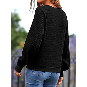 PRETTYGARDEN Fall Casual Sweatshirt for Women v Neck Long Sleeve Jumper Loose Knit Henley Top Button Slouchy Pullover Oversized Crop Sweater (Black, X-Large)
