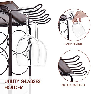 TOOLF 6 Bottle Wine Rack for Countertop, Metal Freestanding Wine Storage Holder with Cork Drawer, Wooden Tabletop Wine Bottle Holder with 2 Glasses Holder for Bar, Wine Cellar & Home Decor