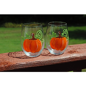 Pumpkin Hand Painted Stemless Wine Glasses Set of 2 Thanksgiving Home Decor