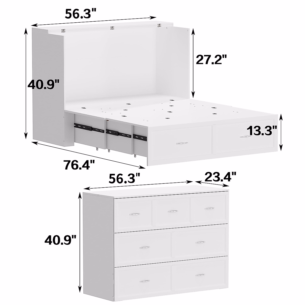 ECACAD Multi-Functional 2-in-1 Murphy Cabinet Bed, Full Size Bed Frame Murphy Bed Chest with Built-in Power Strip & 3 Drawers, Full Foldable Platform Bed, White