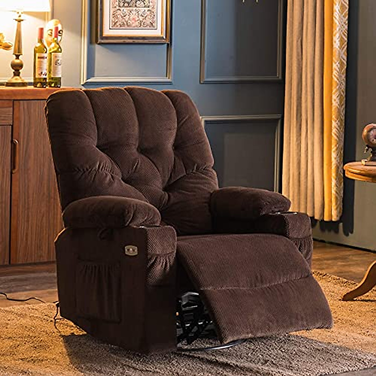MCombo Electric Power Swivel Glider Rocker Recliner Chair with Cup Holders for Nursery, Hand Remote Control, USB Ports, 2 Side & Front Pockets, Plush Fabric 7797 (Brown)