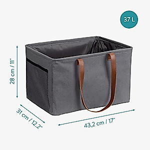 Navaris Collapsible Laundry Basket - Foldable Washing Hamper - Clothes Storage Bin with Fabric Drawstring Lid & Side Handles & Mesh Pocket - Gray