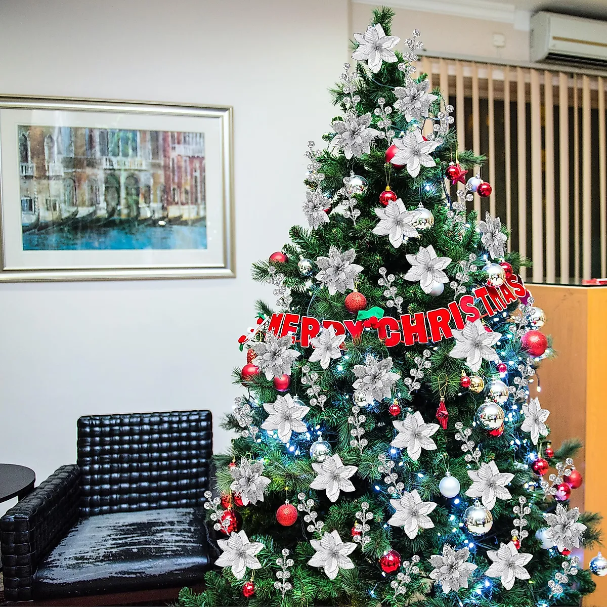 Sggvecsy 30 Pcs 3 Styles Christmas Glitter Poinsettia Flowers Artificial Berry Picks Christmas Tree Ornaments Artificial Christmas Flowers with Clips for Xmas Wreath Wedding Floral Decorations(Silver)