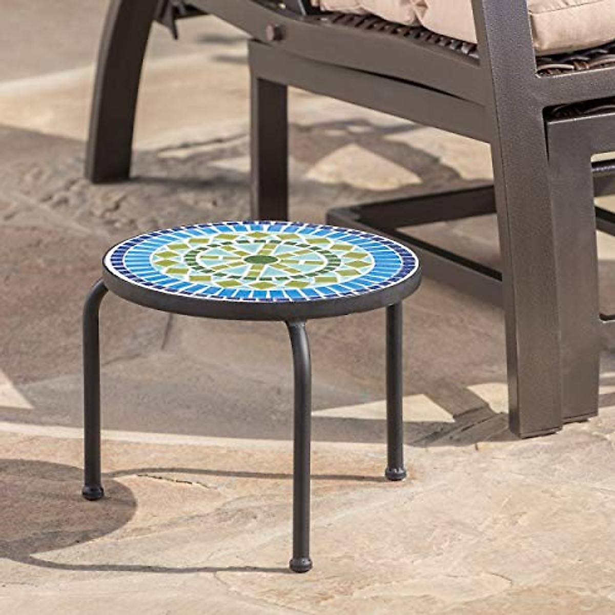 Christopher Knight Home Iris Outdoor Ceramic Tile Side Table with Iron Frame, Blue / Green