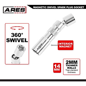 ARES 11000-14mm Thin Wall Magnetic Swivel Spark Plug Socket - 3/8-Inch Drive 12-Point Spark Plug Socket - Walls 2mm Thinner Than Standard Spark Plug Sockets