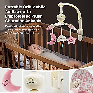 Duomilee Baby Mobile for Crib with Music, Baby Mobiles for Bassinet, Crib Mobile for Girls Length-Adjustable and Rotatable, Nursery Mobiles with Star and Moon for Newborn Aged 0-5 Months(Pink)