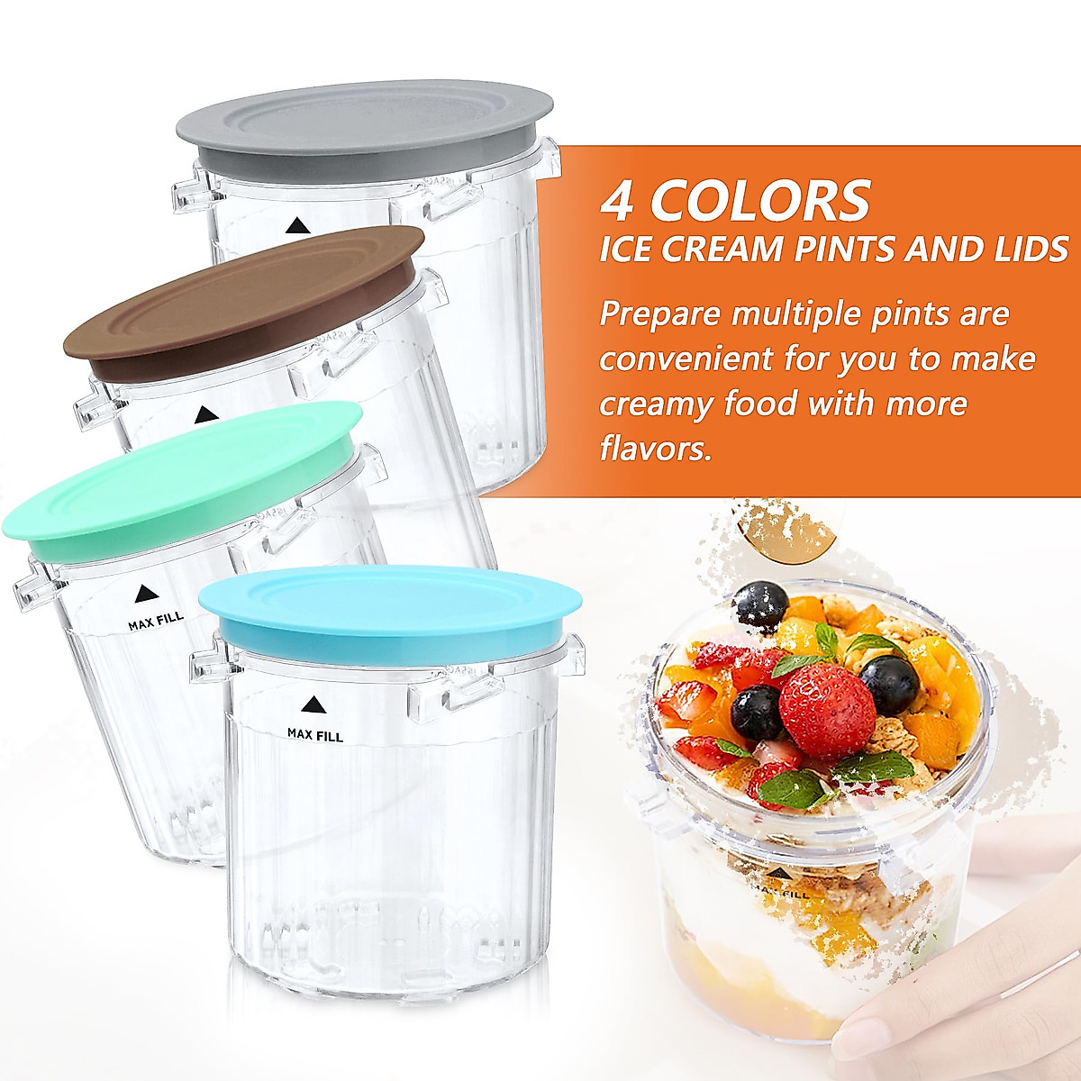 FENKOA Pint Containers and Lids Replacement for Ninja Creami Breeze Containers - 4 Pack, 16oz Pint Cups Replacement for NC100 NC101 NC200 NC201 NC201Q NC205A Ice Cream Maker, BPA Free