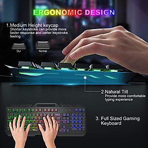 Gaming Keyboard, WisFox Colorful Rainbow LED Backlit Wired Computer Gaming Keyboard with 104 Keys, USB Wired Keyboard and Spill-Resistant for Windows PC Gamers Desktop PS4 (Renewed)