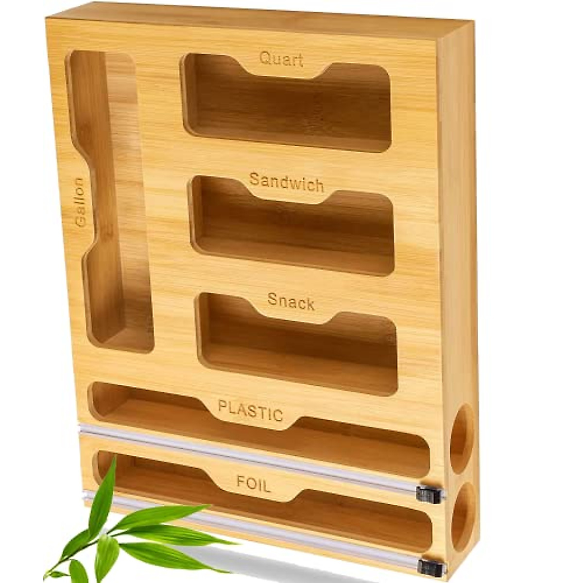 Bamboo Ziplock Bag Organizer | Foil and Plastic Wrap Organizer | Bamboo 6-in-1 Sandwich Bag Organizer Dispenser For Drawer, Wall | Kitchen Pantry Organization Storage| 12" X 2.125" Standard Rolls only