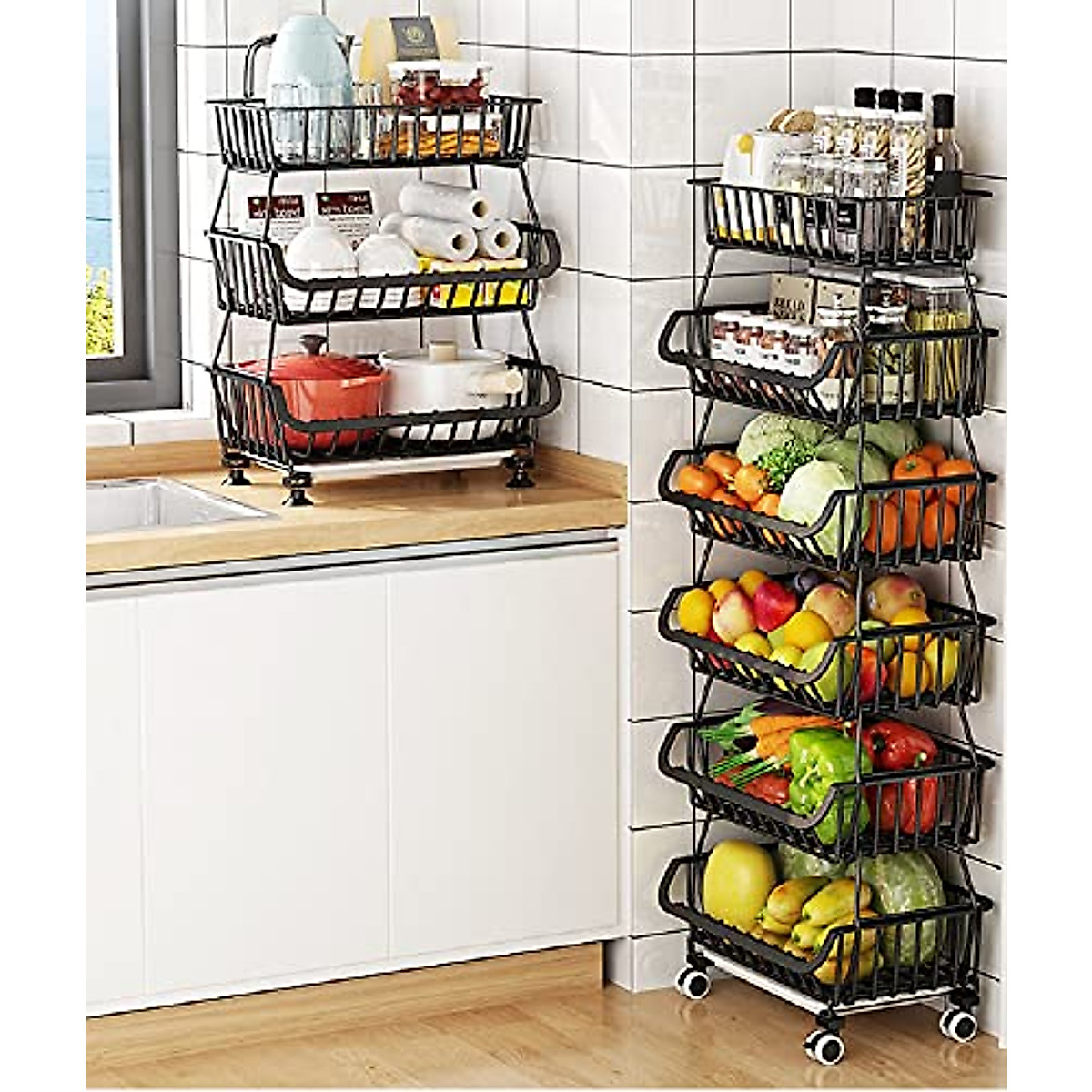 6 Tier Fruit Vegetable Storage Basket, Stackable Metal Wire Basket with Wheels, Fruit and Vegatable Storage Cart, Potato and Onion Storage Bin for Kitchen, Bathroom, Bedroom