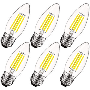 Luxrite 5W Vintage E26 Candelabra LED Bulb 60W Equivalent, 550 Lumens, 5000K Bright White Dimmable, Medium Base Candelabra Bulb, Torpedo Tip Clear Glass, Edison Filament Light Bulb, UL Listed (6 Pack)