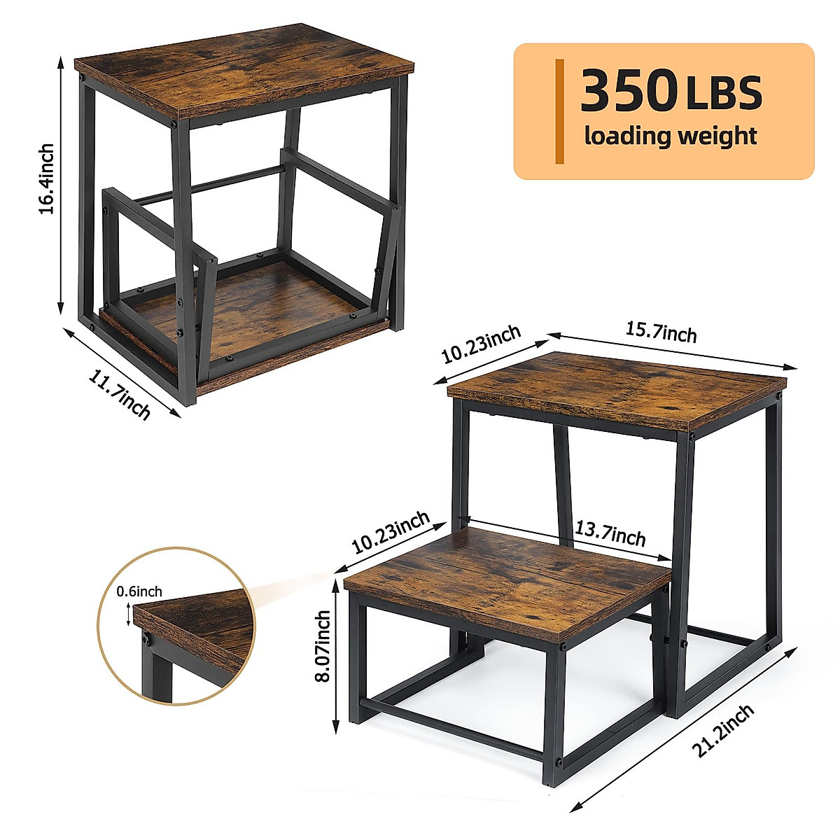 LIANTRAL Step Stool for Adults Kids, Sturdy Metal Frame Wooden Board Step Stool Helper, Supports Up to 350lb, Foot Stool, 2 in1 Step Stool for High Bed Kitchen Bathroom, Rustic Brown