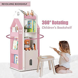 MOUDAO Rotating Bookshelf 360° Castle Kids Bookshelf Toy Storage Organizer Rack, Pink White Corner Bookshelf for Kids Toddler Children, Home Office Furniture Bookcase