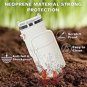 NECARSIN Water Bottle Holder Bag for Stanley Quencher Tumbler 40 oz,Water Bottle Carrier with Adjustable Shoulder Strap,Stanley Cup Accessories for Walking Travelling Camping(Cream)