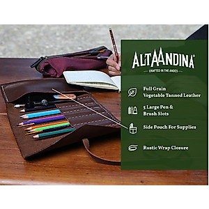 Alta Andina Leather Pen & Pencil Case | Vegetable Tanned Leather Roll Up | 5 Slots & Pouch for Pens, Brushes | Art, Stationary, & Makeup Organizer (Black – Noche)