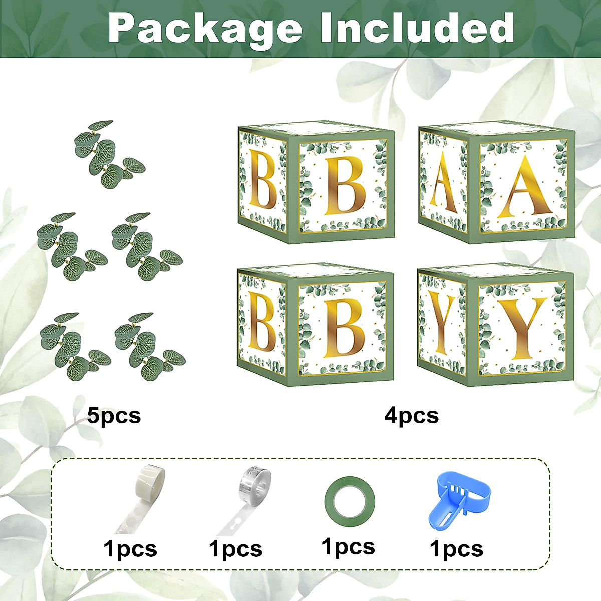 Amandir 143Pcs Baby Boxes Sage Green Baby Shower Decorations, Olive Green Balloon Garland Kit 4 Baby Blocks Gold Letter for Gender Neutral Boy Girl Safari Jungle Biythday Party Supplies