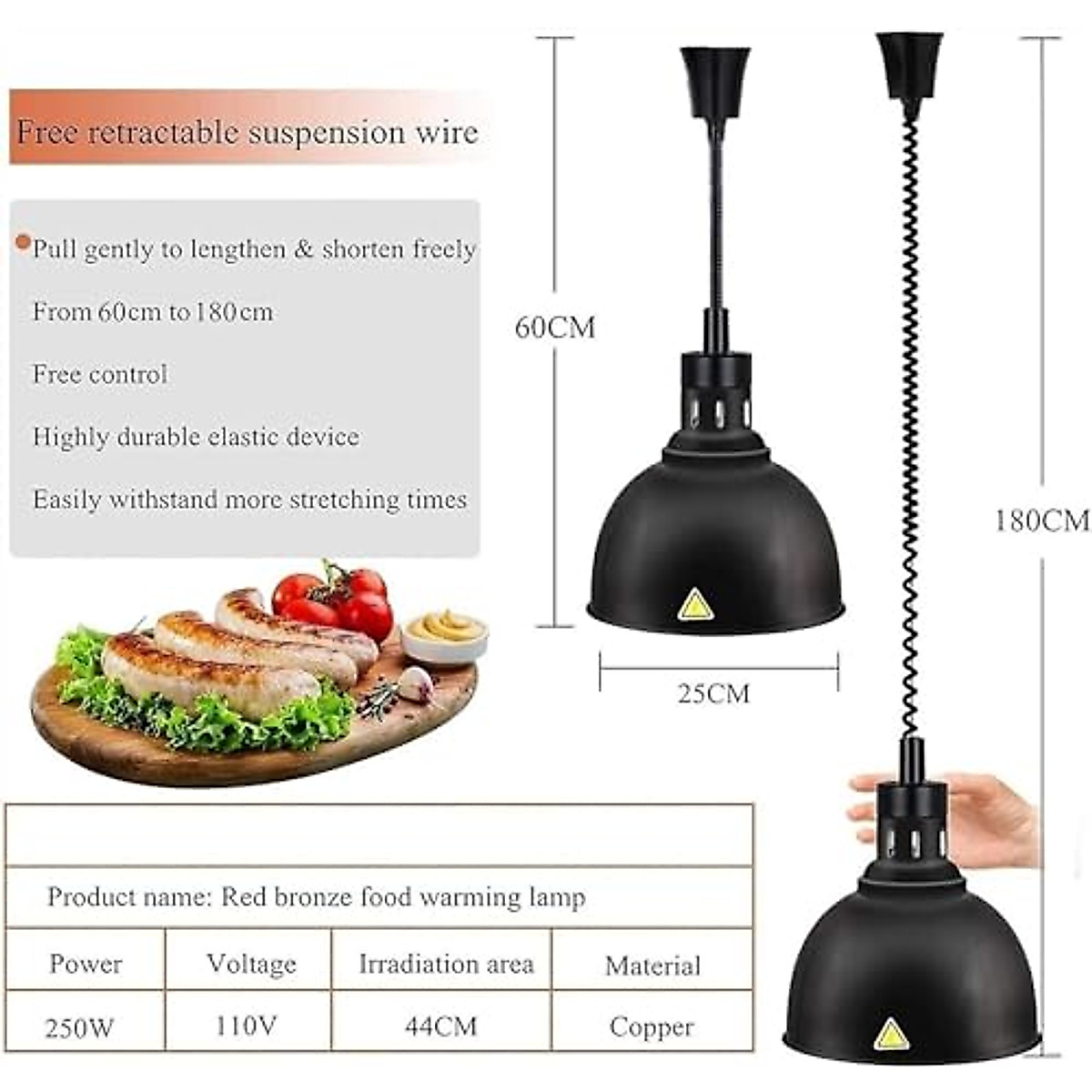 Restaurant Hanging Heating Lamp, Heat Lamp Food Warmer, Stainless Steel Single-Head Food Heat Preservation Lamp for Food Service Restaurant Kitchen,