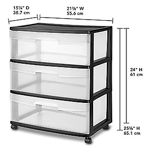 Sterilite 29309001 Wide 3 Drawer Cart, Black Frame with Clear Drawers and Black Casters, 1-Pack