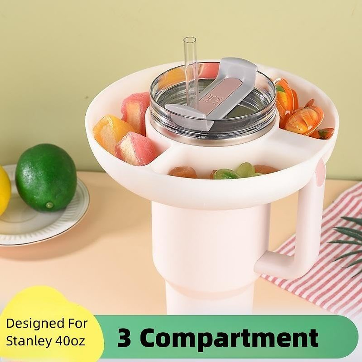 Snack Ring for Stanley Cup 40 oz with Handle, Snack Container for Stanley Tumbler 40 oz, 3 Compartment Reusable Snack Platters for Stanley Quencher Adventure