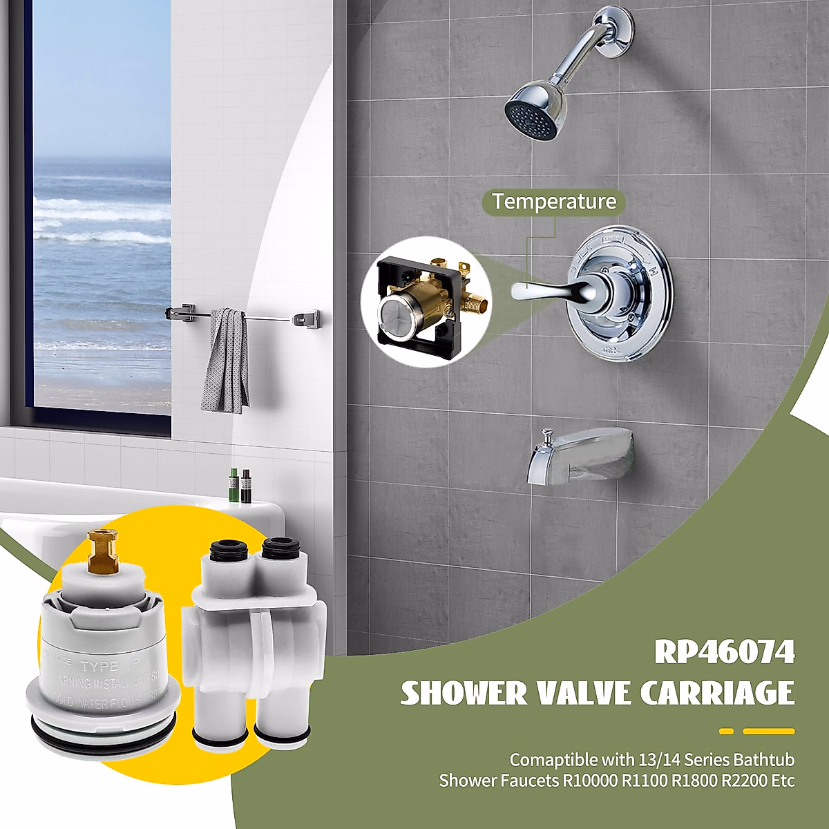 RP46074 R10000 Shower Valve Cartridge Compatible With Delta R22000 R1100 1300 1400 13/14 Series Single Handle Bath Tub and Shower Faucet Parts For Select Monitor Valves