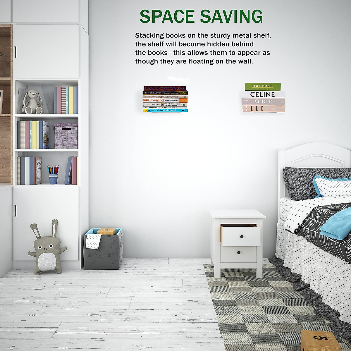 VASGOR Set of 4 Invisible Floating Bookshelf, Heavy Duty Wall Mounted Book Shelf Organizer, Wall Mount Metal Shelves Holder for Books (4, Black)