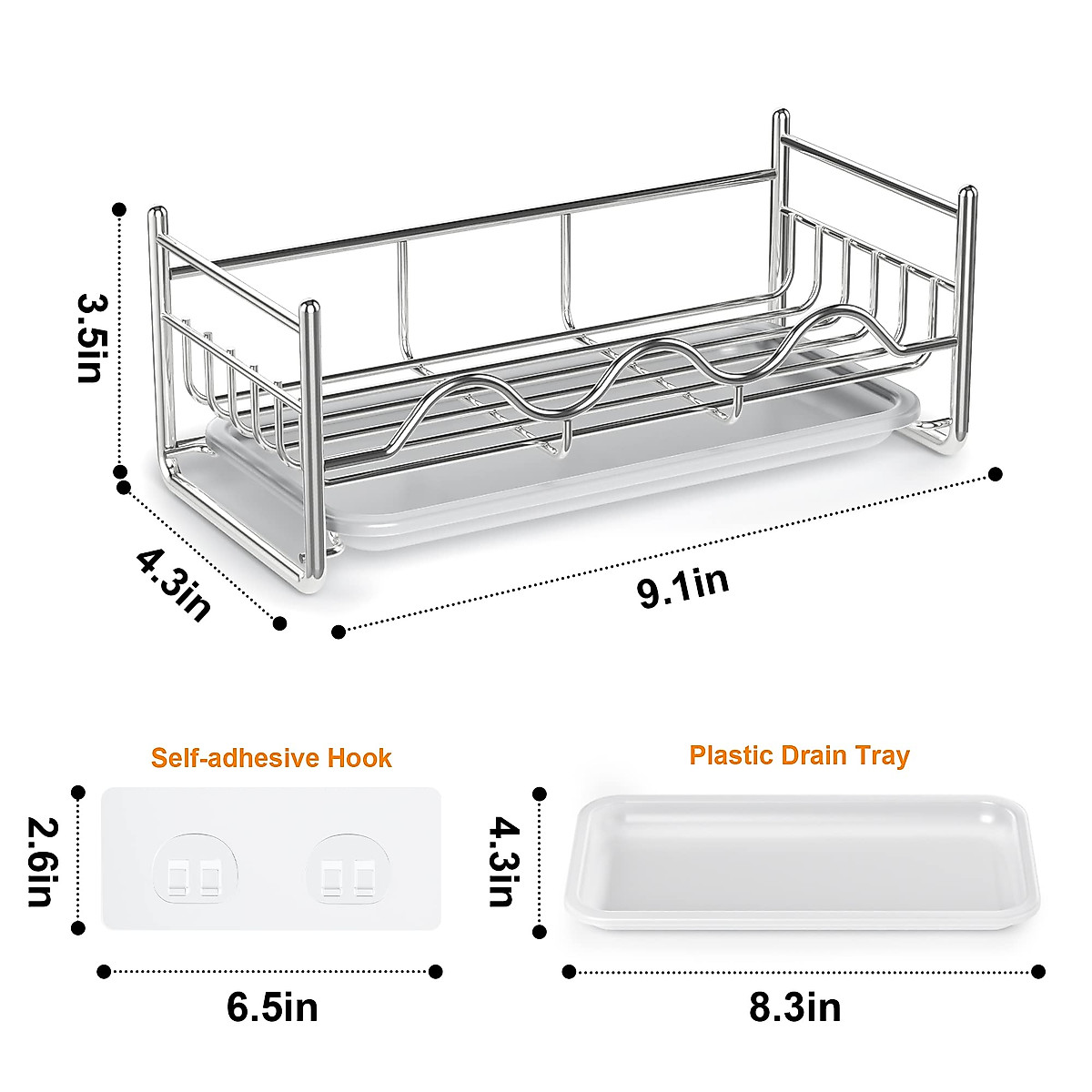 KOYLIM Sink Caddy Sponge Holder - Stainless Steel Kitchen Sink Organizer with Removable Drain Tray - Brush and Dish Soap Dispenser Storage Rack for Kitchen Counter (Silver)