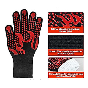 BBQ Gloves 1472℉ Extreme Heat Resistant Protective Cooking Gloves Food Grade Kitchen Oven Mitts with Silicone Non-Slip Grip for BBQ Cooking/ Baking/Smoker/ Fireplace/Welding/ Large & XL (Red+Blue)