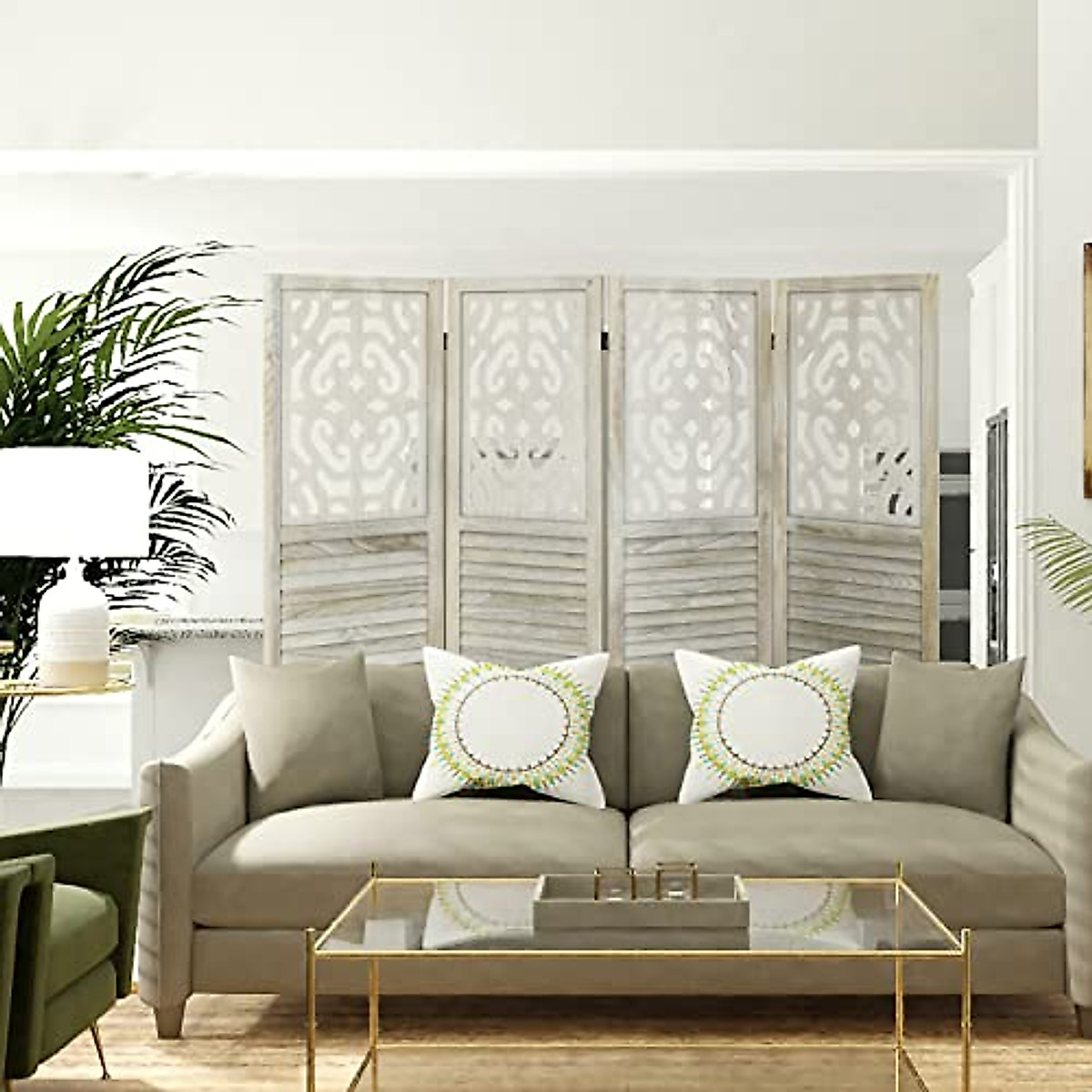 ACEHOME Room Dividers 4 Panel,Home Folding Privacy Carved Wood Screens 5.6Ft,Portable Office Walls Dividers,Indoor Decorative Room Partition,No Installation Required, Off-White