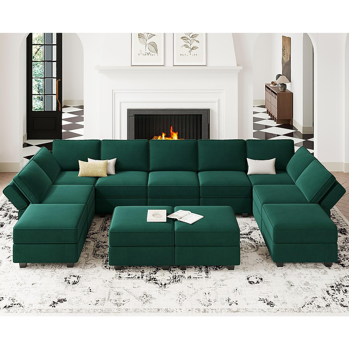 Belffin Oversized Modular Sectional Sofa Velvet U Shaped Couch with Storage Ottomans Modular Sectional Couch with Reversible Chaise Convertible Sectional Sleeper Sofa Velvet Green