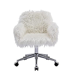Goujxcy White Faux Fur Desk Chair, Cute Fluffy Upholstered Padded Seat, Vanity Accent Modern Height Adjustable Swivel Office Chair for Living Room Makeup Home Office Bedroom (White)