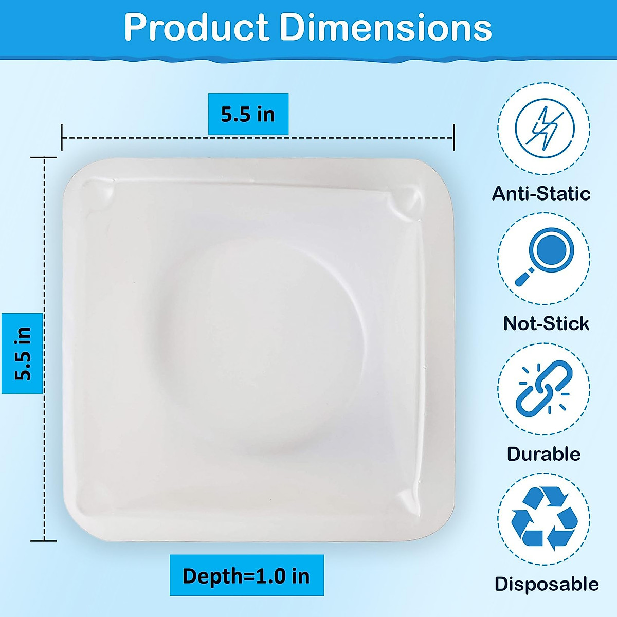 Large 5.5" Square Polystyrene Weigh Boats, Weighing Dishes, Weighing Boats with Easy-Pour Spout, Anti-Static Disposable Tray, 330ml (80 pcs)