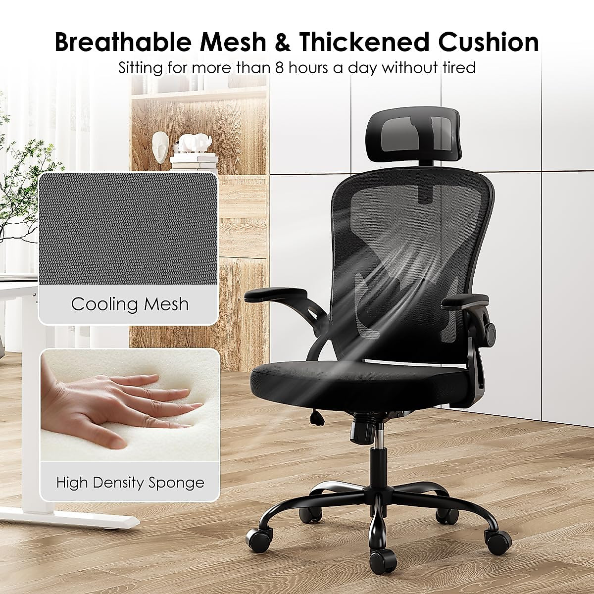 GlasFlength Mesh Ergonomic Office Chair with Foot Rest, Big and Tall Comfy Computer Desk Chair with Adjustable Headrest Backrest, Swivel Executive Desk Chair with Wheels, Black Mesh