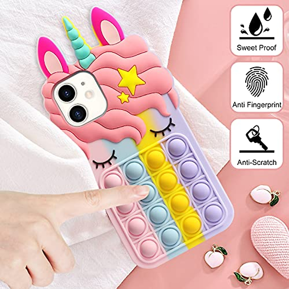 HoneyAKE Fidget Toys Phone Case for iPhone 11 Phone Case Bubble Bumper Protective Soft Silicone Shockproof Stress Reliever Pop Fun Phone Cover Shell Women Girls Case for iPhone 11 6.1 Inch, Rainbow