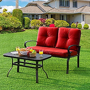 Tangkula Patio Loveseat with Table Set, 2 Seat Cushioned Sofa with Coffee Table, Patio Conversation Sofa Set with Rustproof Frame, 2 Pieces Outdoor Furniture Set for Garden, Poolside, Balcony (Red)