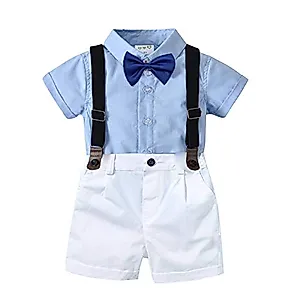 Carlstar Little Boys Gentleman Outfit Suits,Baby Boys Short Pants Set,Short Sleeve Shirt+Suspender Pants+Bow Tie 4Pcs (Blue, 2-3T/90)