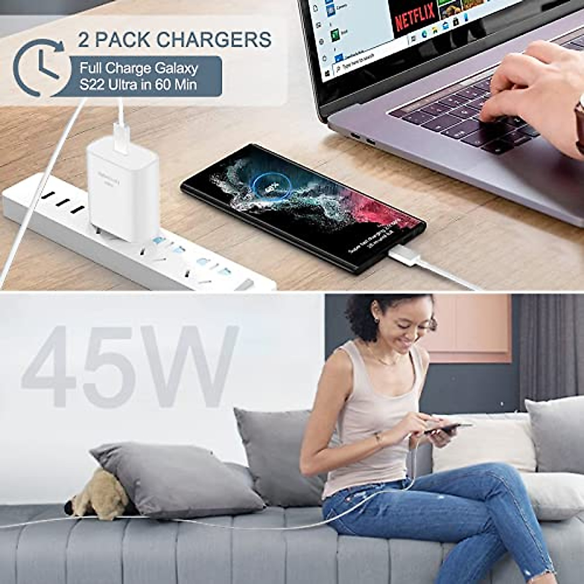 45W USB-C S22 Ultra Charger, 2 Pack Super Fast Charger Block with 5FT Type C Android Phone Cable Fast Charging for Samsung Galaxy Charger S22 Ultra/S22/S22+/S21/S21+/S21 Ultra/S20/S20+/S20 Ultra