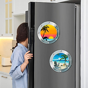 JAPBOR 4pcs Cruise Door Magnets, Summer Refrigerator Car Magnet, Beach Palm Tree Magnetic Decals, Ocean Hawaii Vacation Nature Scenery Fridge Stickers for Home Kitchen Door Cabinet Decor (9.8 Inch)