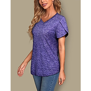 MISS FORTUNE Womens V-Neck Short Sleeve Activewear T-Shirt Petal Sleeve Casual Athletic Moisture Wicking Fitness Tops Purple XL