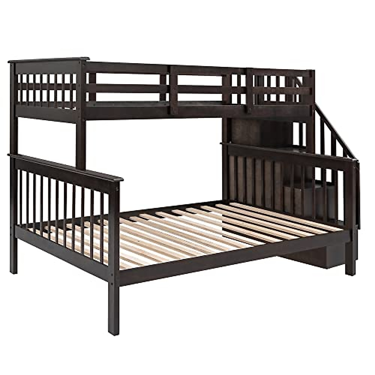 BIADNBZ Twin Over Full Bunk Bed with Stairs Storage and Safety Guardrails, Solid Wood Bunkbeds Frame for Kids Teens Adults Bedroom Dorm, Espresso