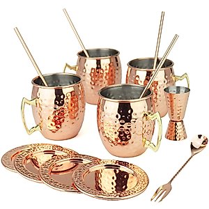 PG Moscow Mule/Cocktail Bar Set, 15-pc Copper/Rose Gold Color, High Grade SS, w/4x Moscow Mule Mugs, 4x Straws w/cleaner, 4x REAL STAINLESS Coasters, 1x Double-Jigger 1x Double-head Stirrer