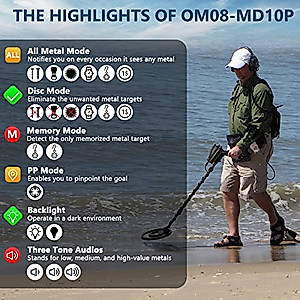 OMMO Metal Detector for Adults, High Accuracy Adjustable Waterproof Metal Detector, with Pinpoint & Disc & All Metal Mode, Great for Detecting Gold, Coin, Treasure Hunting