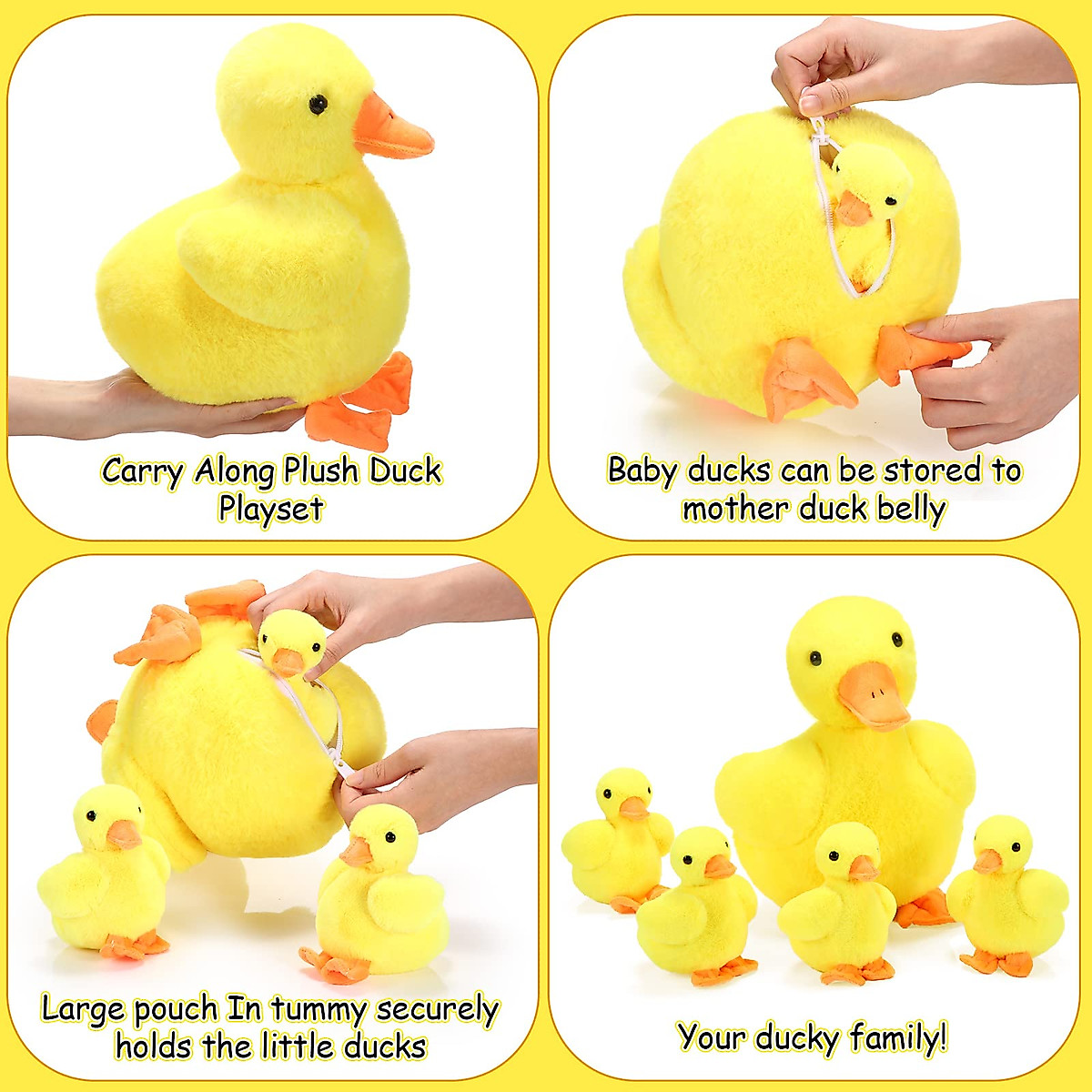 Zomiboo 5 Pieces Duck Stuffed Animals Includes Big Stuff Mommy Duck with 4 Little Baby Duck Plush Toys Soft Duck Family Plush Set with Zipper Pouch for Toddlers Boys Girls (Yellow Duck)