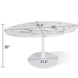 Oval White Marble Topped Pedestal Dining Table Modern Contemporary Round Metal Finish